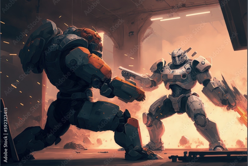 Scene from science-fiction depicting a battle between two futuristic ...