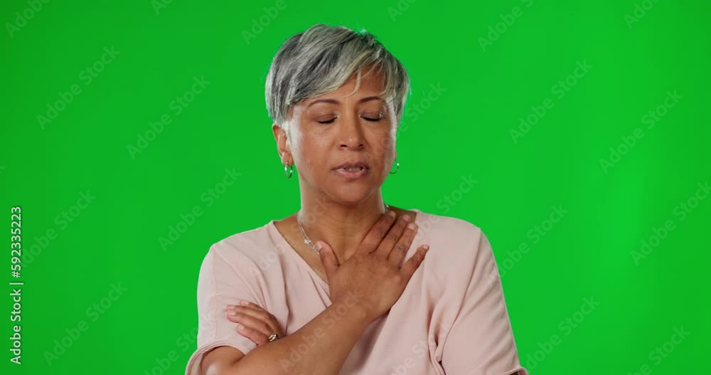 Green screen, anxiety and senior woman breathe for worry, fear and ...