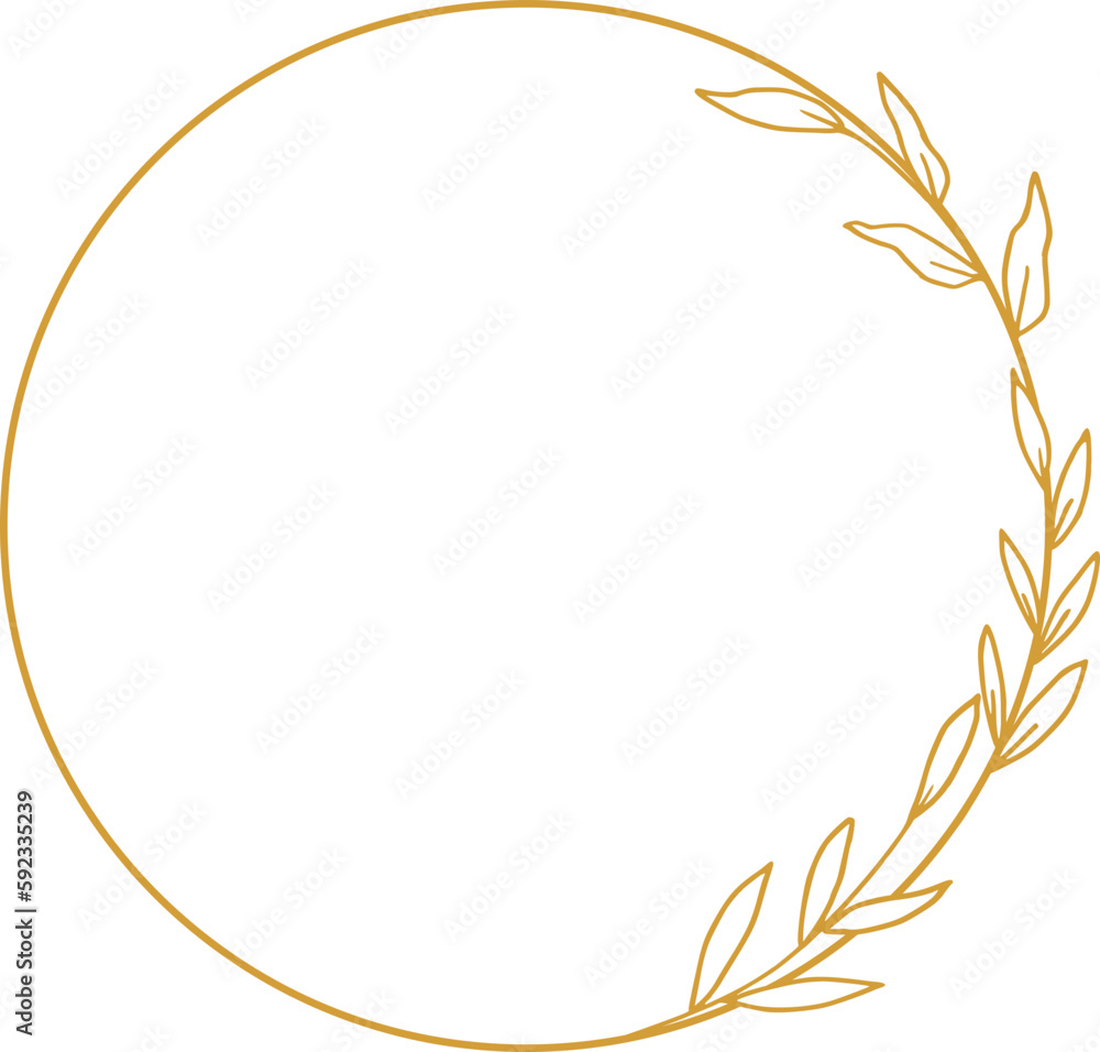 Elegant golden circle floral border with hand drawn leaves and flowers ...