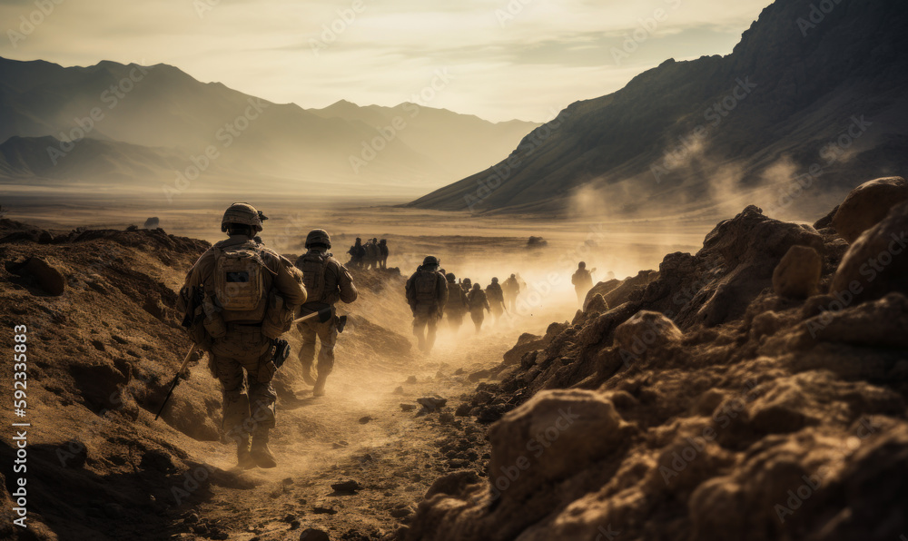 Illustrazione Stock Fully equipped troop of soldiers walking among the ...