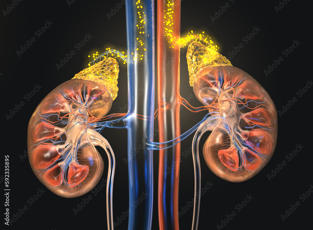 Human kidney cross section, colorful x-ray style, medically 3D ...