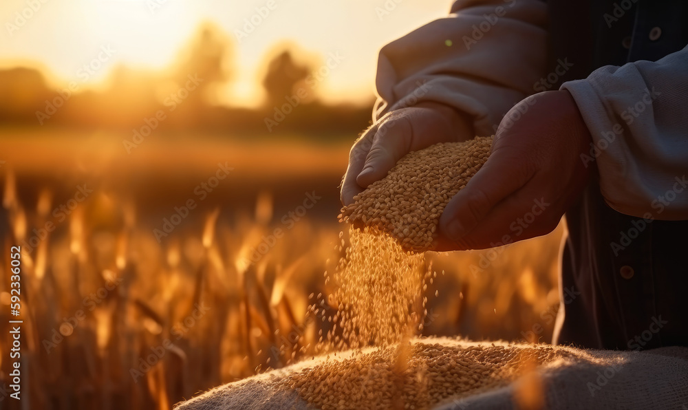 Farmer's hand pouring the dry grain of wheat into the full sack. Ripe ...
