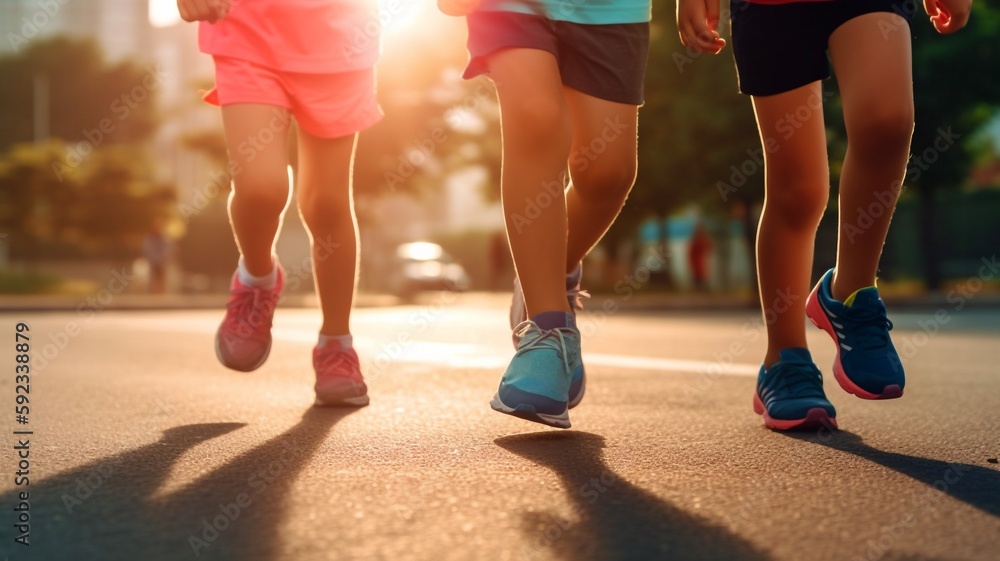 Children sprinting in a kids' race on a city street, concentrating on ...