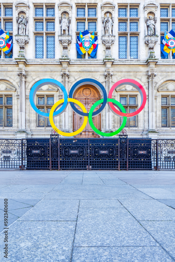 Olympic Games Rings in front to the Hotel de Ville (City Hall). Host ...