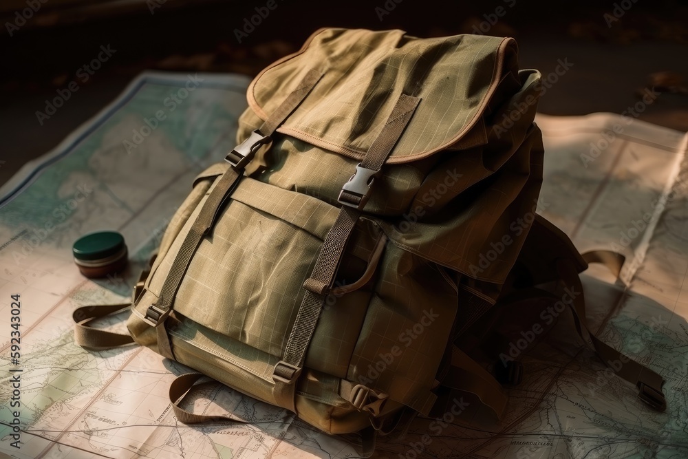 military backpack, with a map of the route and coordinates, ready for ...