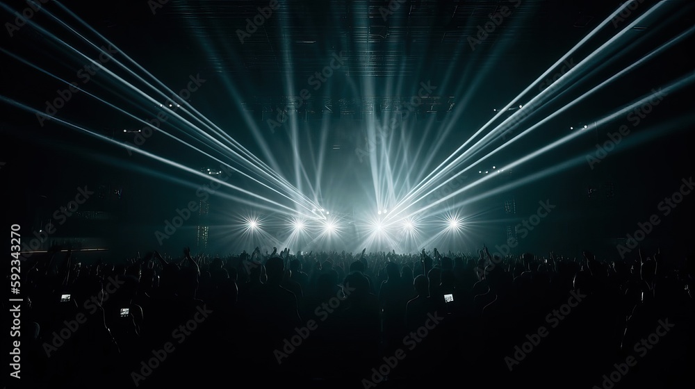 Panorama live music concert crowd and audience with beams light show ...