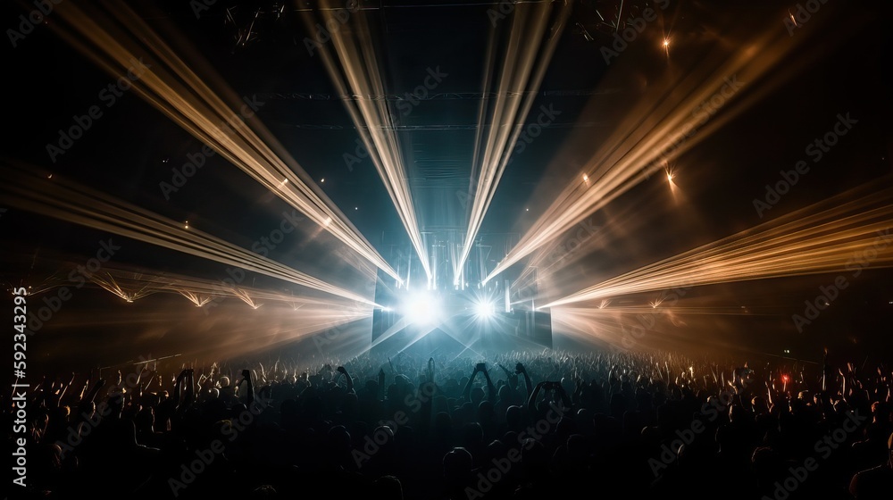 Panorama live music concert crowd and audience with beams light show ...