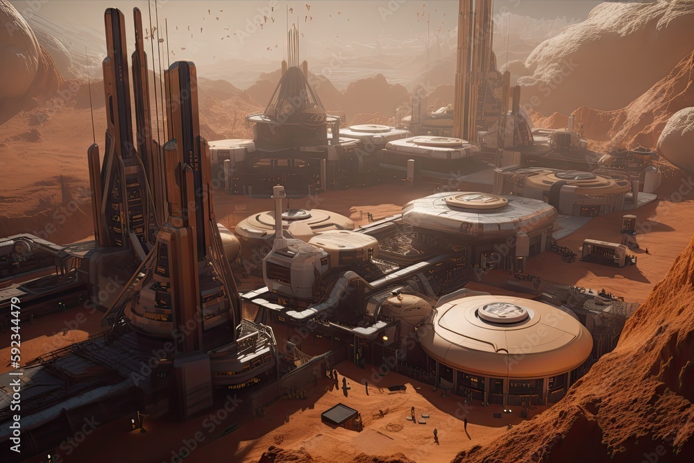 close-up of a futuristic city on mars, with floating buildings and ...