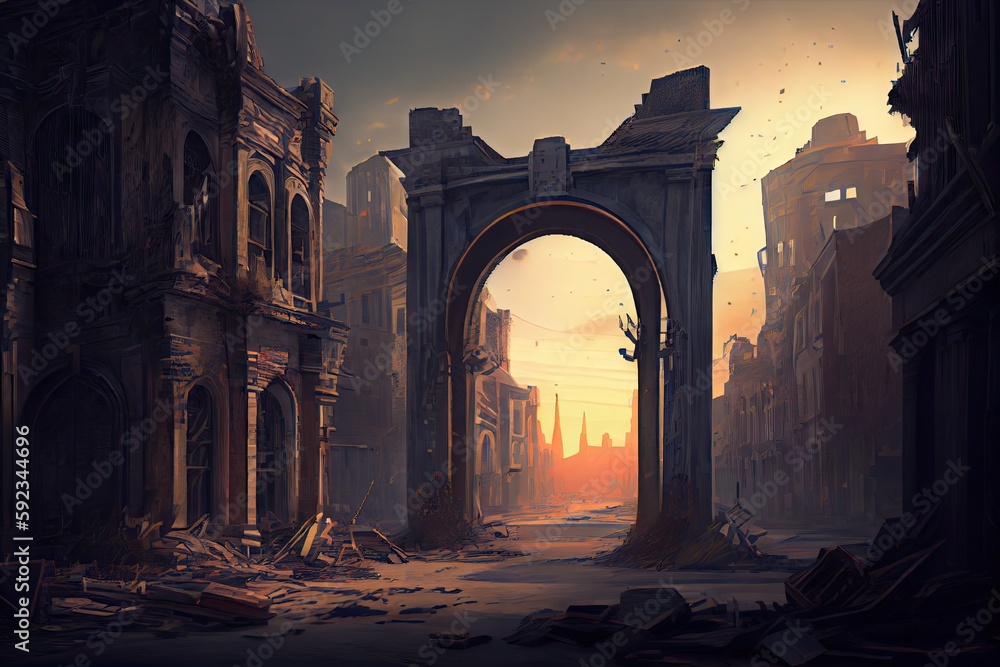 postapocalyptic city, with view of the remains of an advanced ...