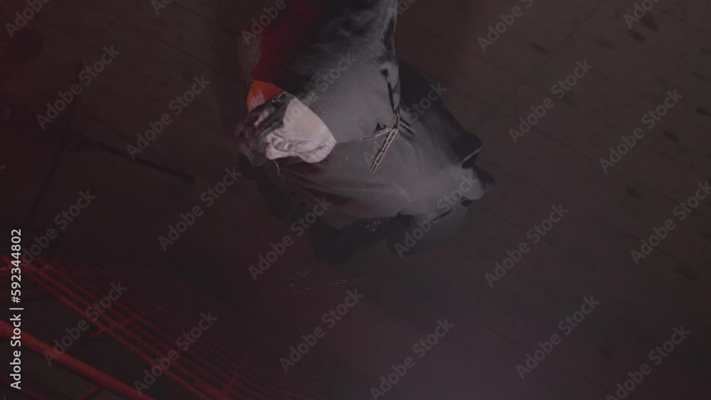 Masked psycho maniac stands in an abandoned house and looks ...