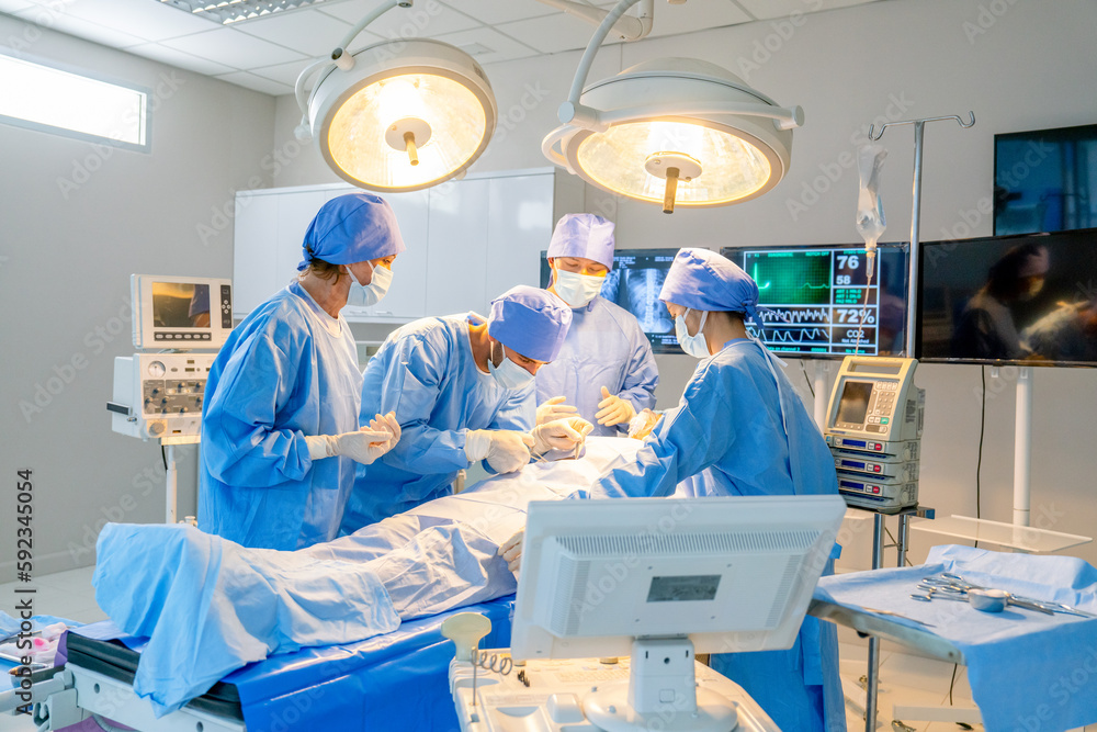 Wide shot of operation team with blue clothes compose of nurse and ...