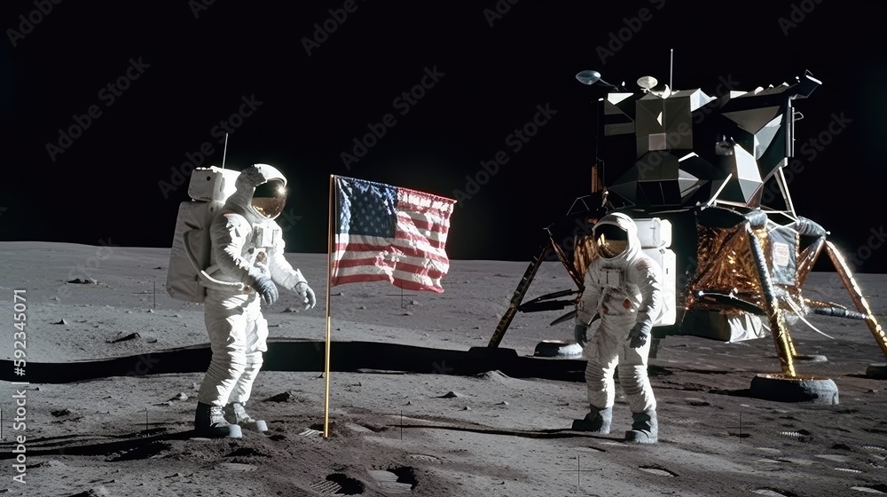 A group photo of the Apollo 11 astronauts on the moon in 1969, planting ...