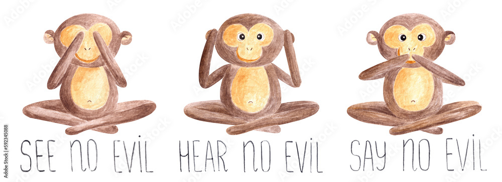 Watercolor hand drawn horizontal totem three cute wise monkeys symbolizing see no evil, hear no ...