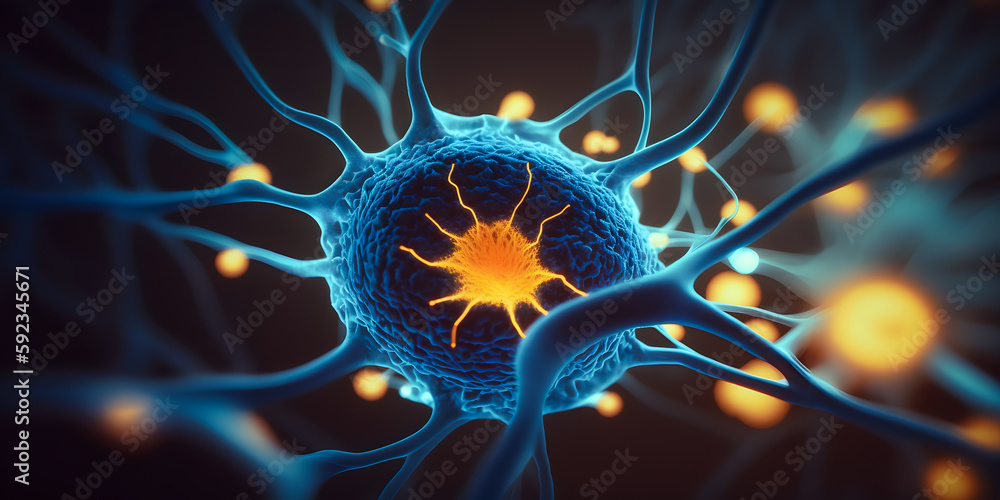 System neuron of brain with synapses banner, Nerve cell with red and ...