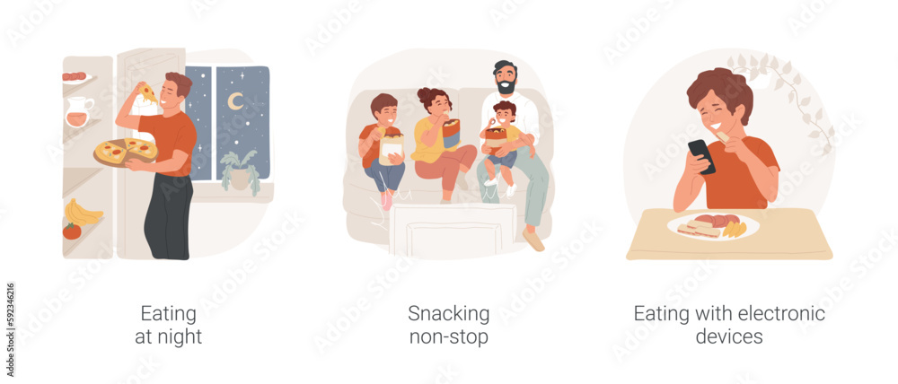 Vetor de Unhealthy eating isolated cartoon vector illustration set ...