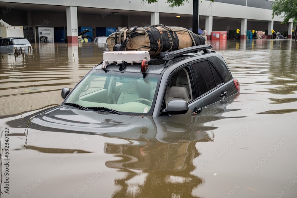 flash flood drives car underwater, with only its rooftop visible above ...