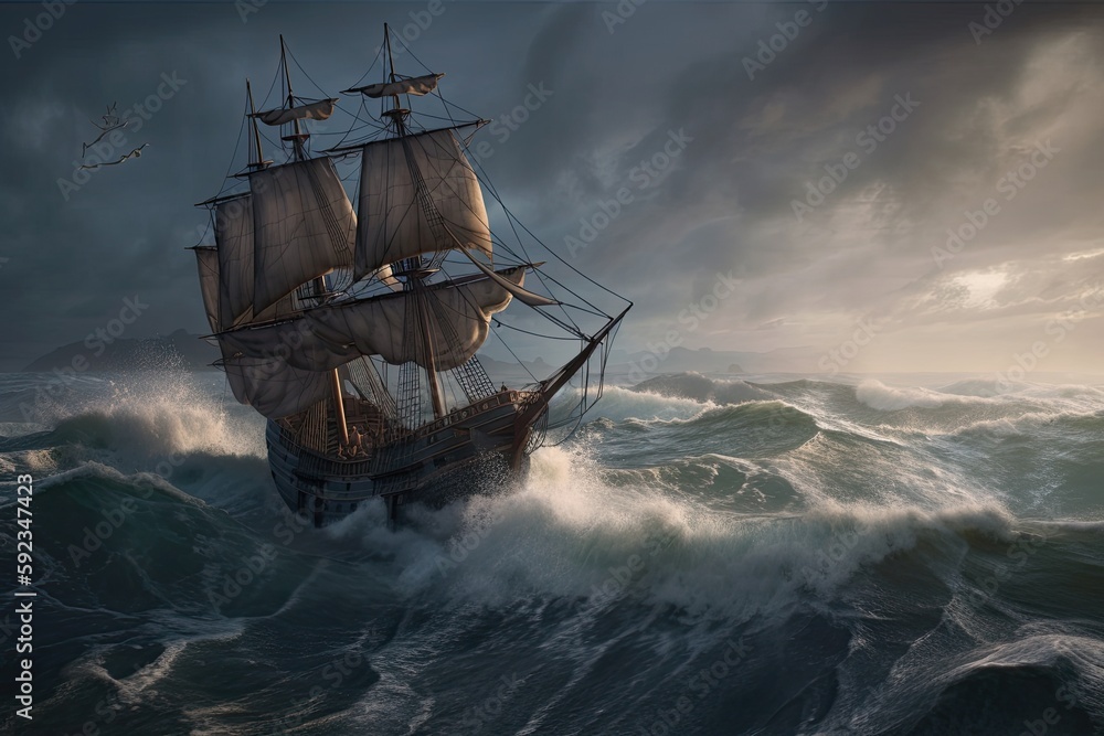 stormy seas, with pirate ship sailing through choppy waves, created ...