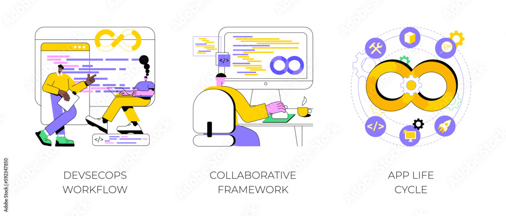 DevSecOps isolated cartoon vector illustrations set. Diverse colleagues working, IT project ...