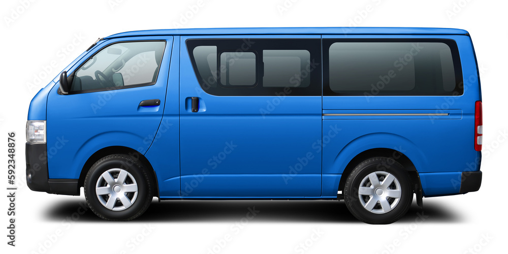 Japanese modern light blue passenger minibus. Side view, isolated on ...