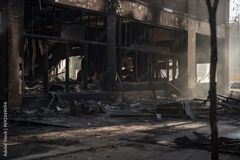 burned-out building with shattered windows and debris lying on the ...