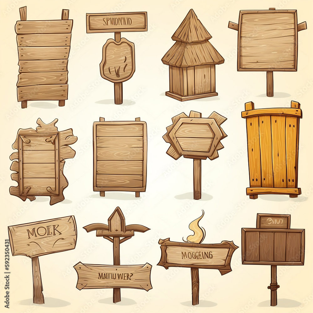 cartoon style wooden signs that are blank so I can add text. Generative ...