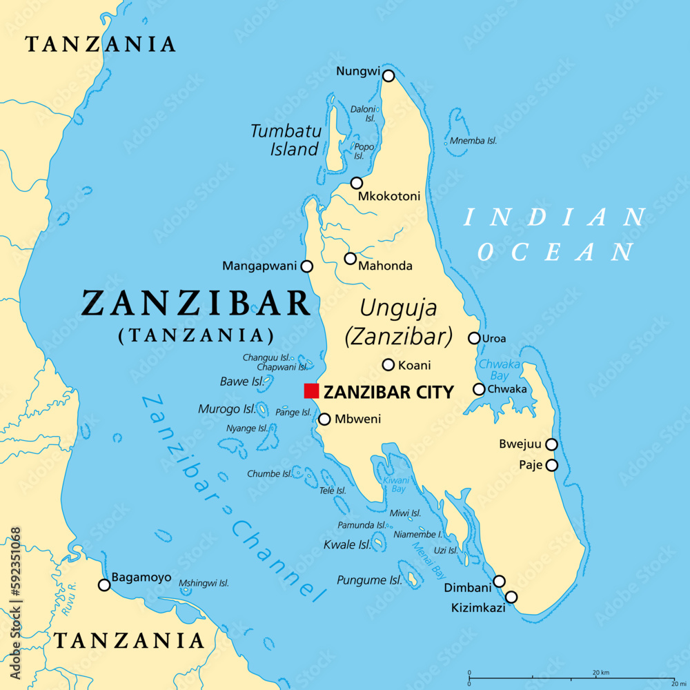 Zanzibar Island, Unguja, Tanzania, political map. Largest, most ...