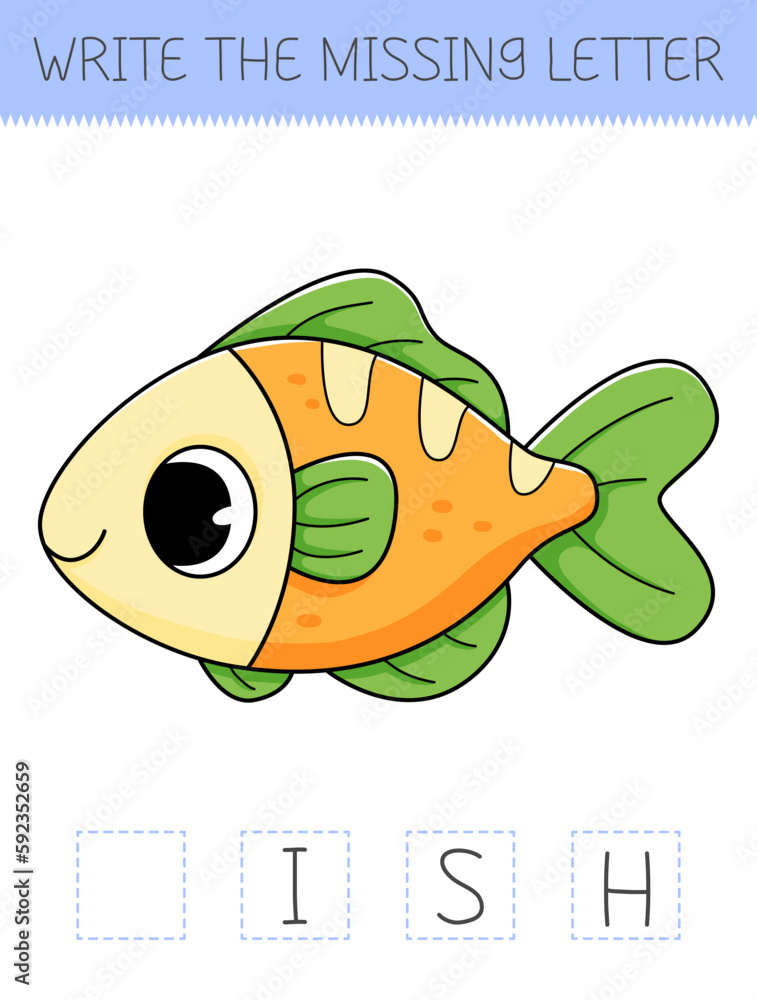 Write the missing letter is an educational game for kids with fish ...