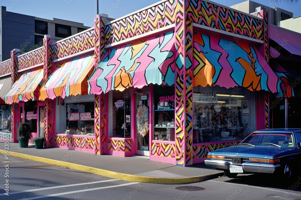 80s-style store exterior with brightly colored and patterned awnings ...