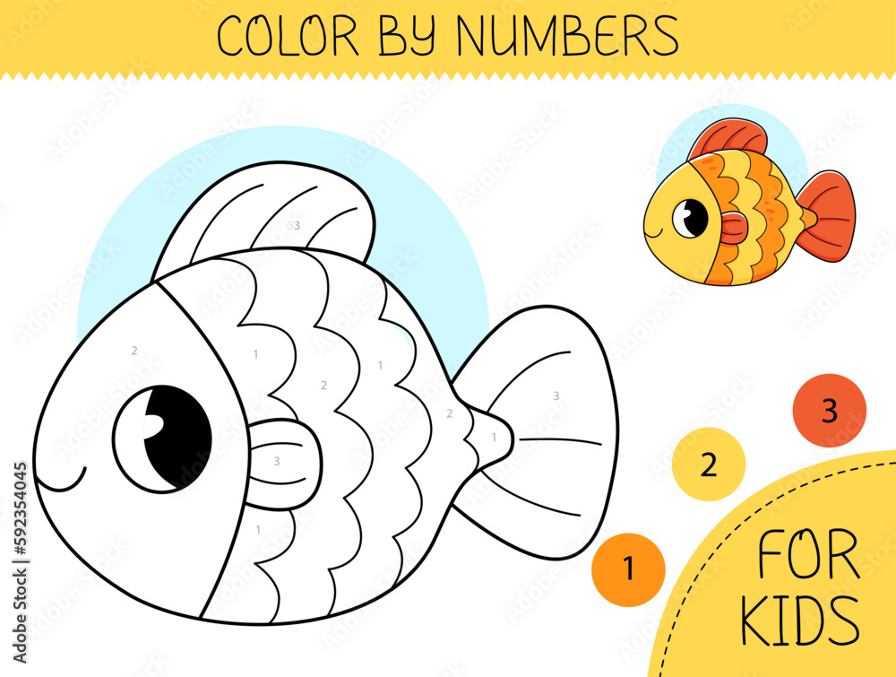 Color by numbers coloring page for kids with goldfish. Coloring book ...