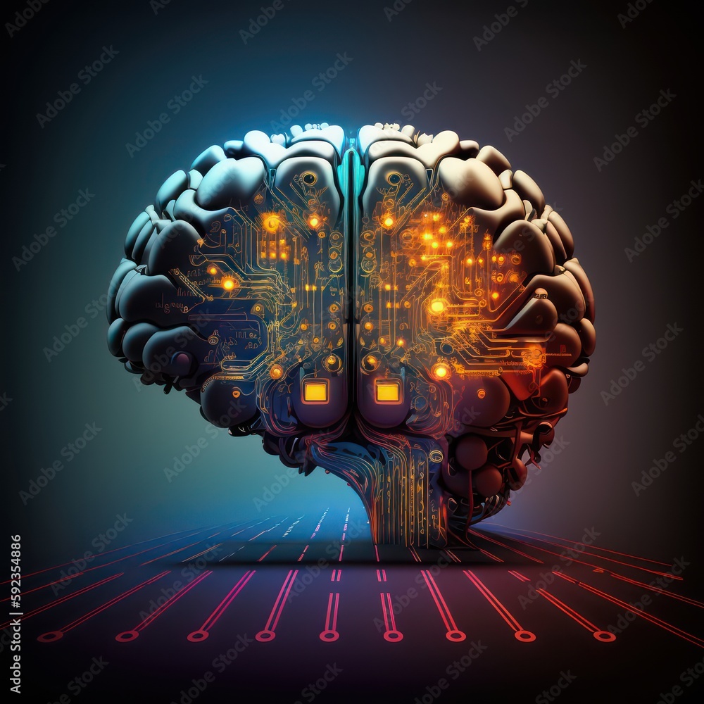 Human brain halfway transforming into a robotic brain. Human and robot ...