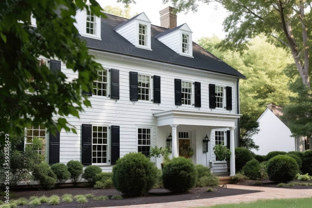colonial house exterior with painted white trim and black shutters ...