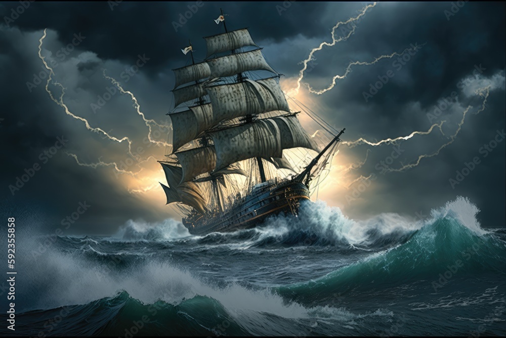 large ship sailing in a storm against background of raging sea and ...