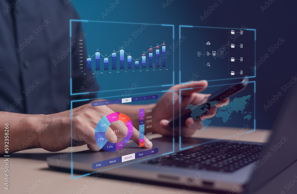 Analyst using computer to make report with KPI and metrics connected to ...