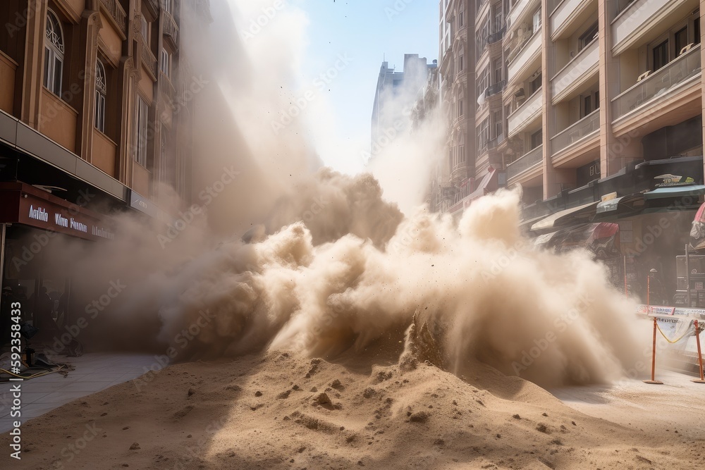 sand explosion in the middle of a bustling city, with smoke and debris ...