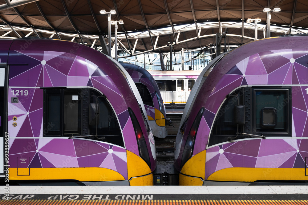 MELBOURNE, AUSTRALIA - FEBRUARY 20 2023: Metro trains line up on the ...