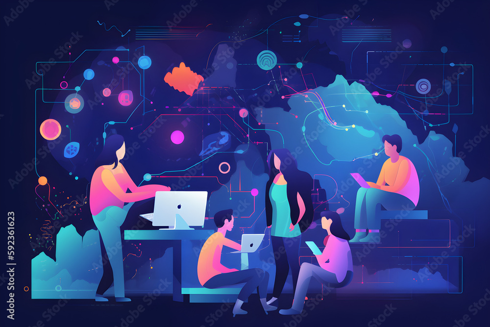 Flat vector illustration Teamwork, laptop hologram and success of ...