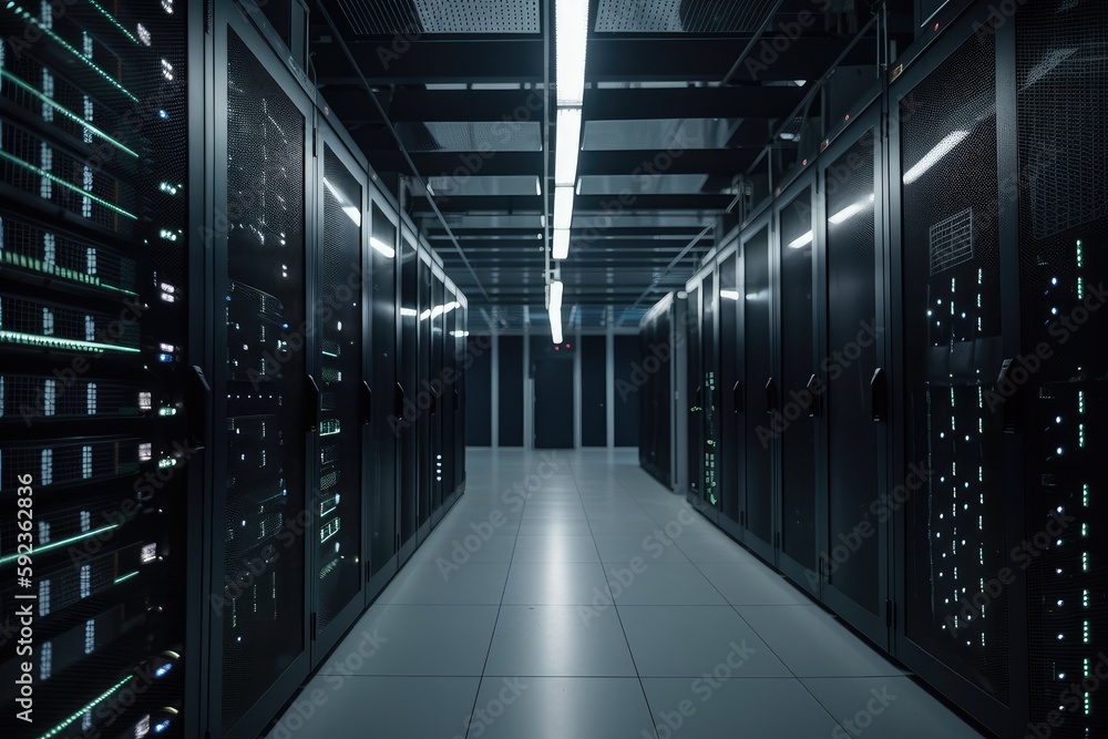 data center with rows of server racks, blinking lights, and humming fans, created with ...