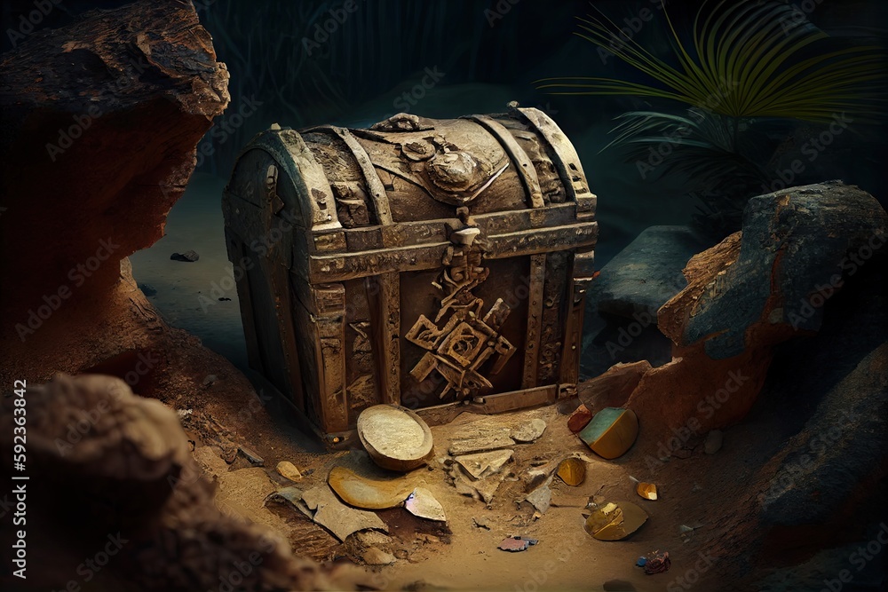 treasure chest buried in ancient ruin, surrounded by remnants of ...