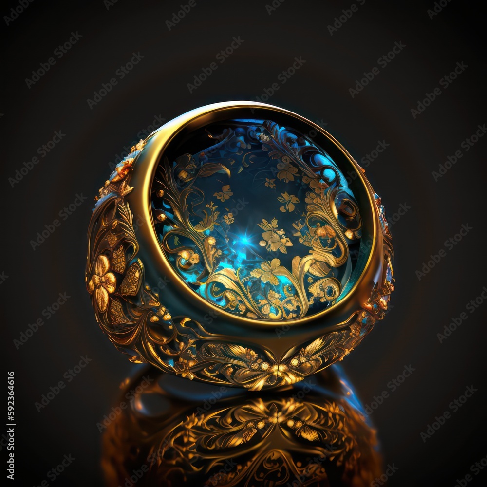 Golden ornate ring with blue diamond. Luxury golden ring in fantasy ...
