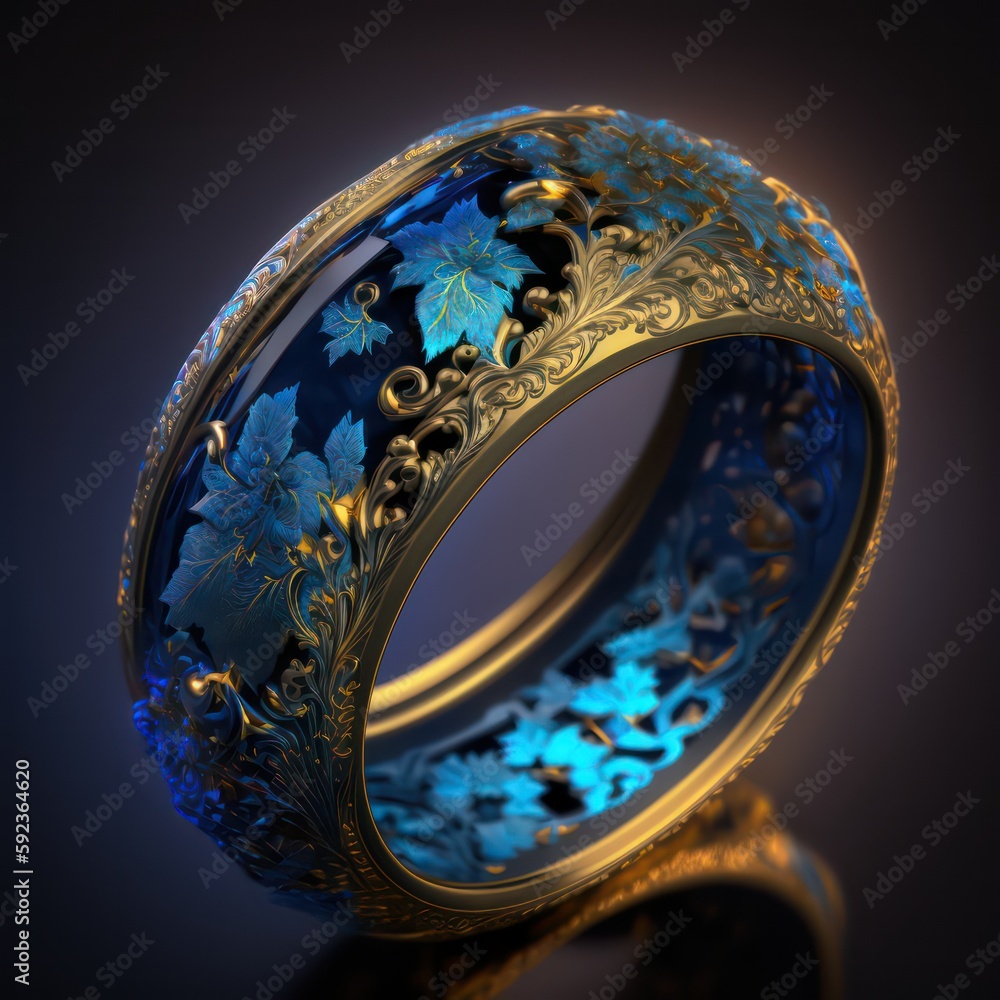 Golden ornate ring with blue diamond. Luxury golden ring in fantasy ...