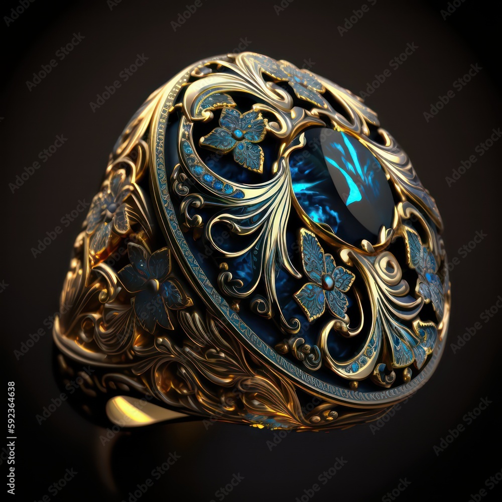 Golden ornate ring with blue diamond. Luxury golden ring in fantasy ...