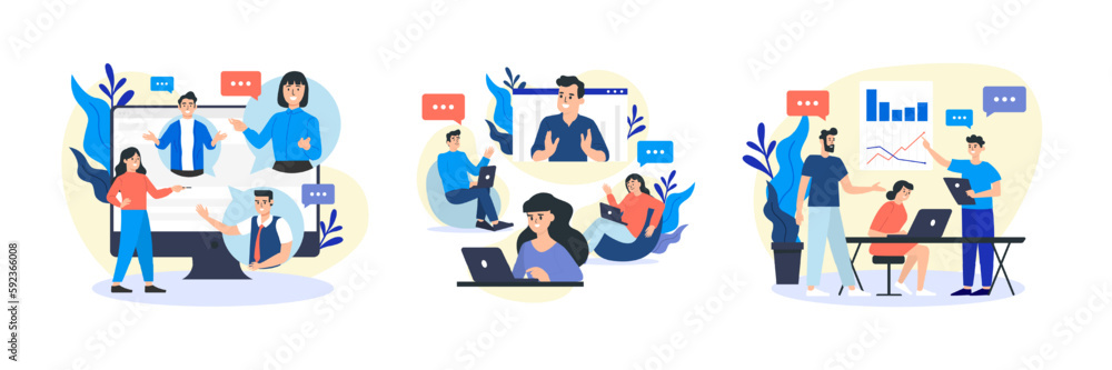 Set of cartoon characters having remote video conference when working ...