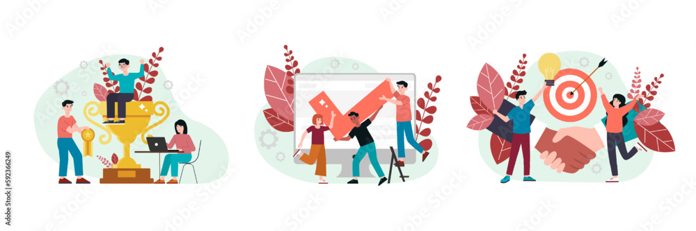 Set of cartoon characters celebrating success at work. Process of ...
