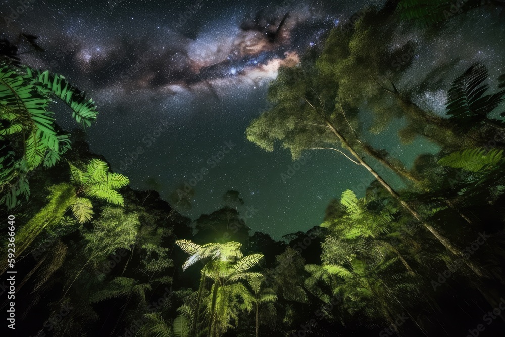 rainforest gives way to canopy of stars, with the milky way and ...