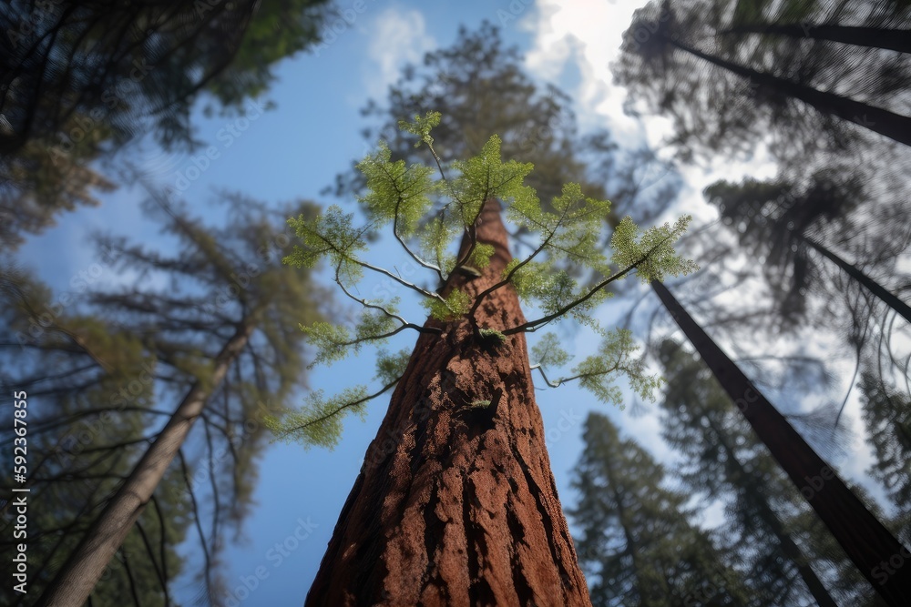 young sequoia tree reaching for the sky with its first new leaves of ...