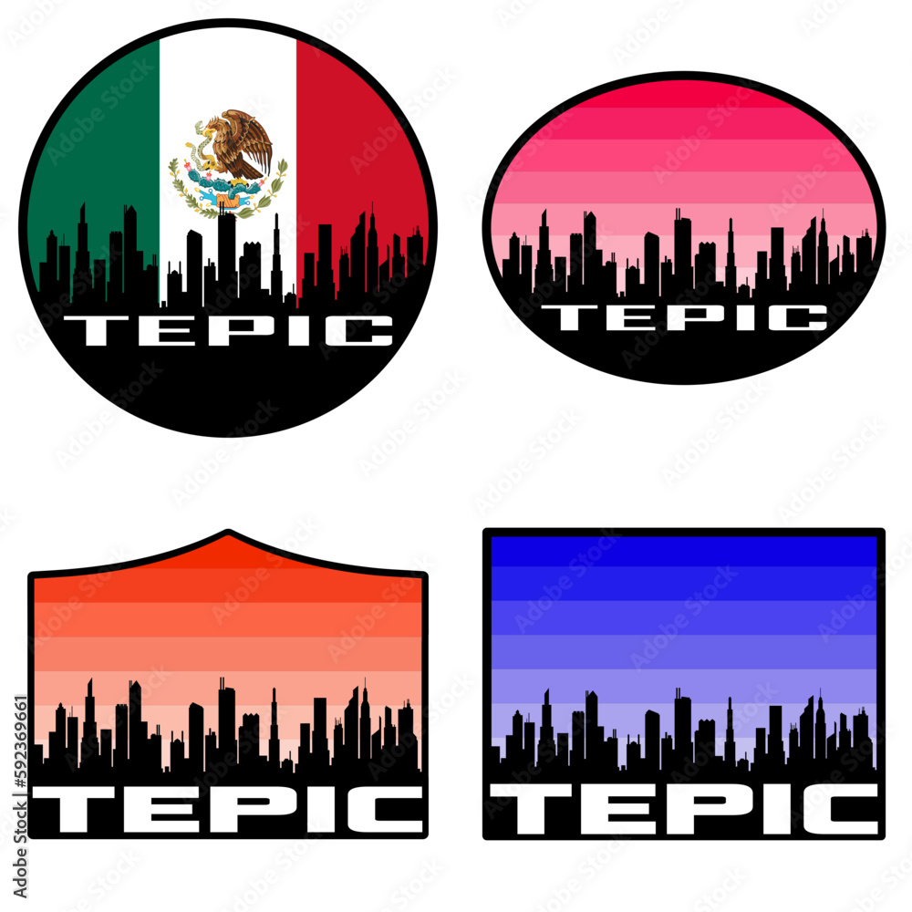Tepic Skyline Silhouette Mexico Flag Travel Souvenir Sticker Sunset ...