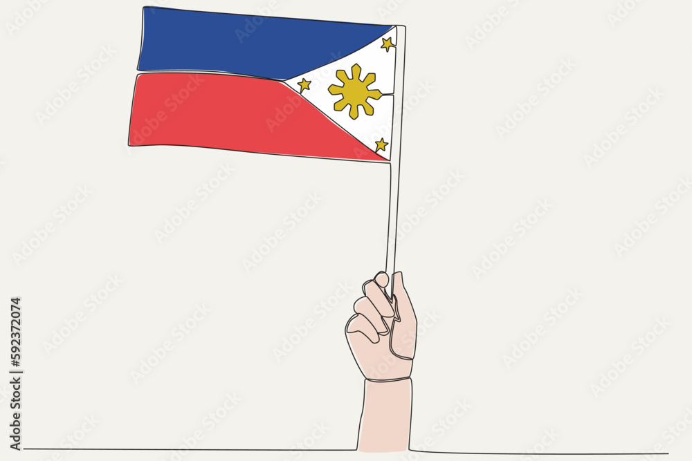 Color illustration of a hand raising the Philippine flag. Philippine ...