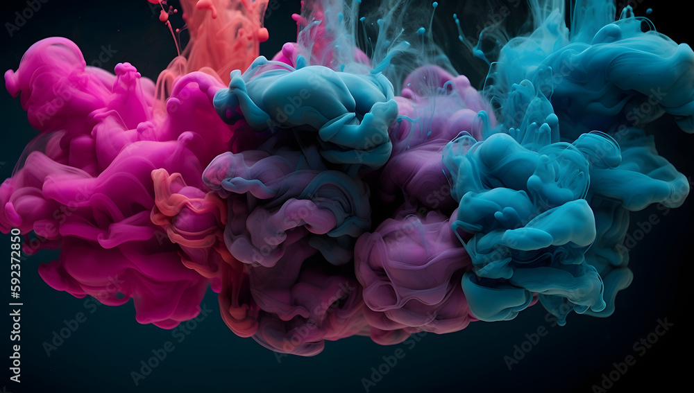 Colors of ink coming out of various liquids on a black background, in ...