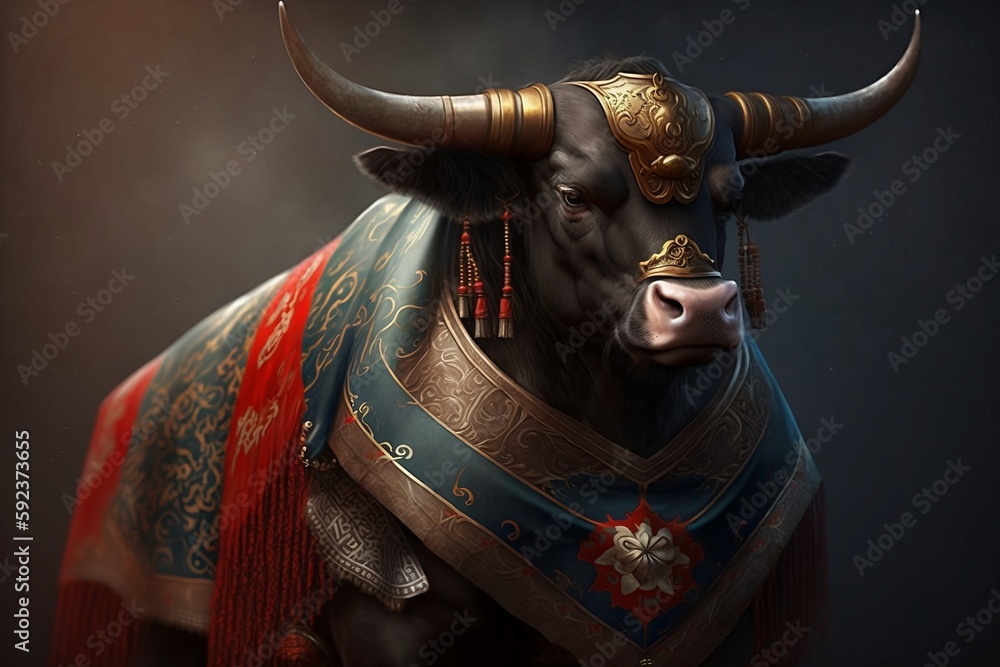 Bull in Chinese national costume, a sign of the Chinese zodiac. Created ...