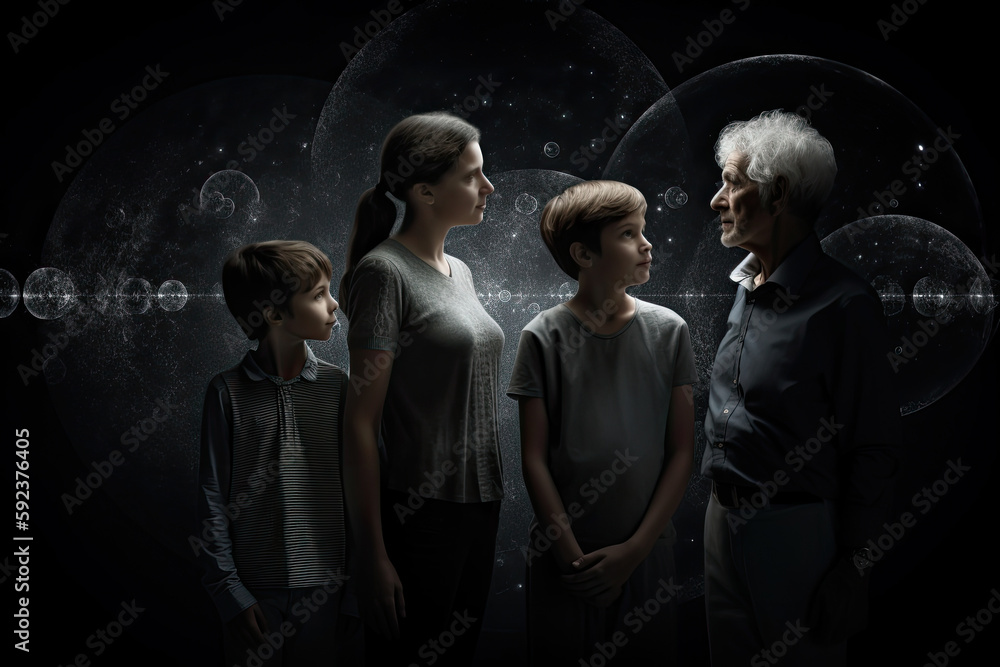 Different generations of family stand together against dark abstract ...